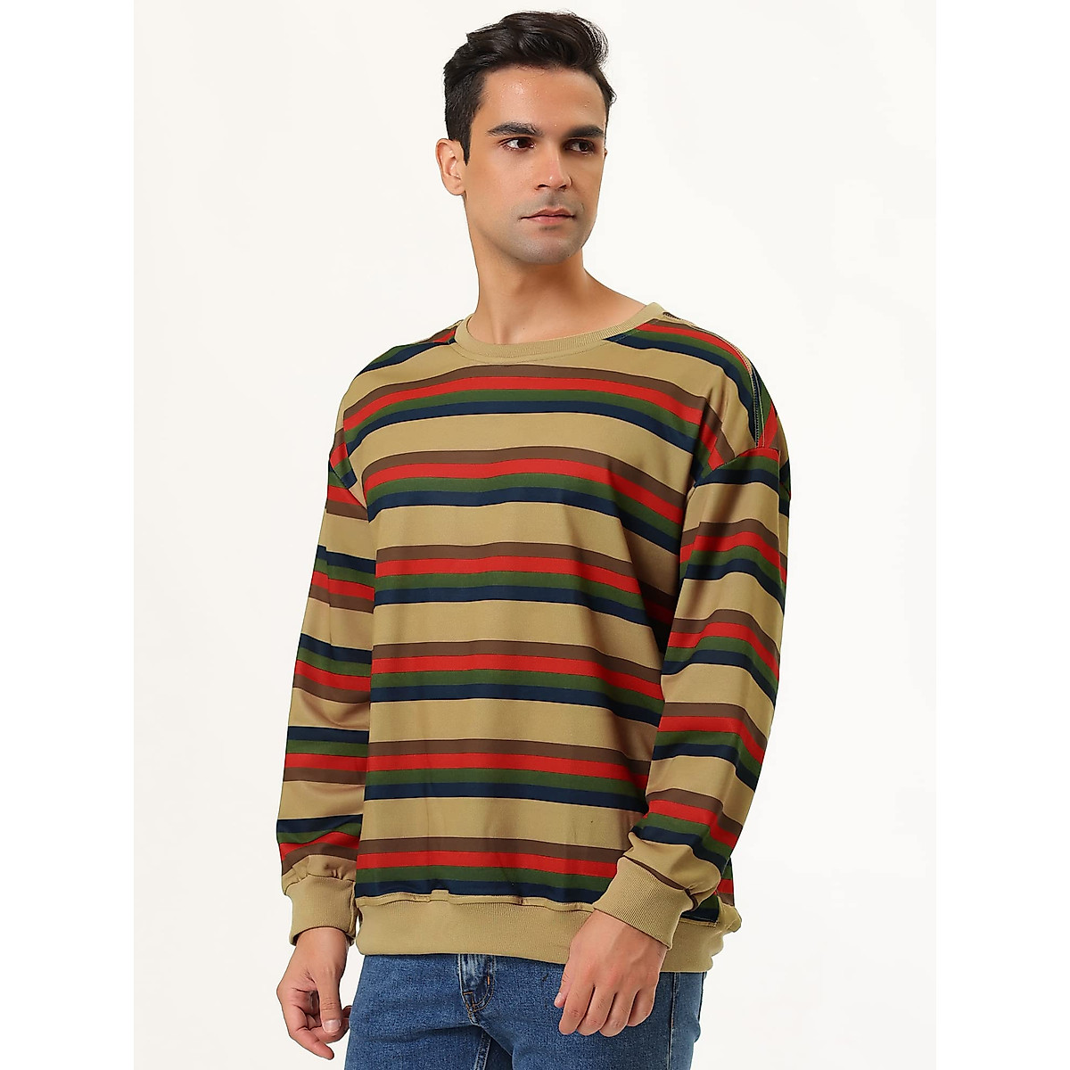 Lars Amadeus Men's Pullover Crew Neck Long Sleeves Color Block Sweatshirt T-Shirt Small Khaki