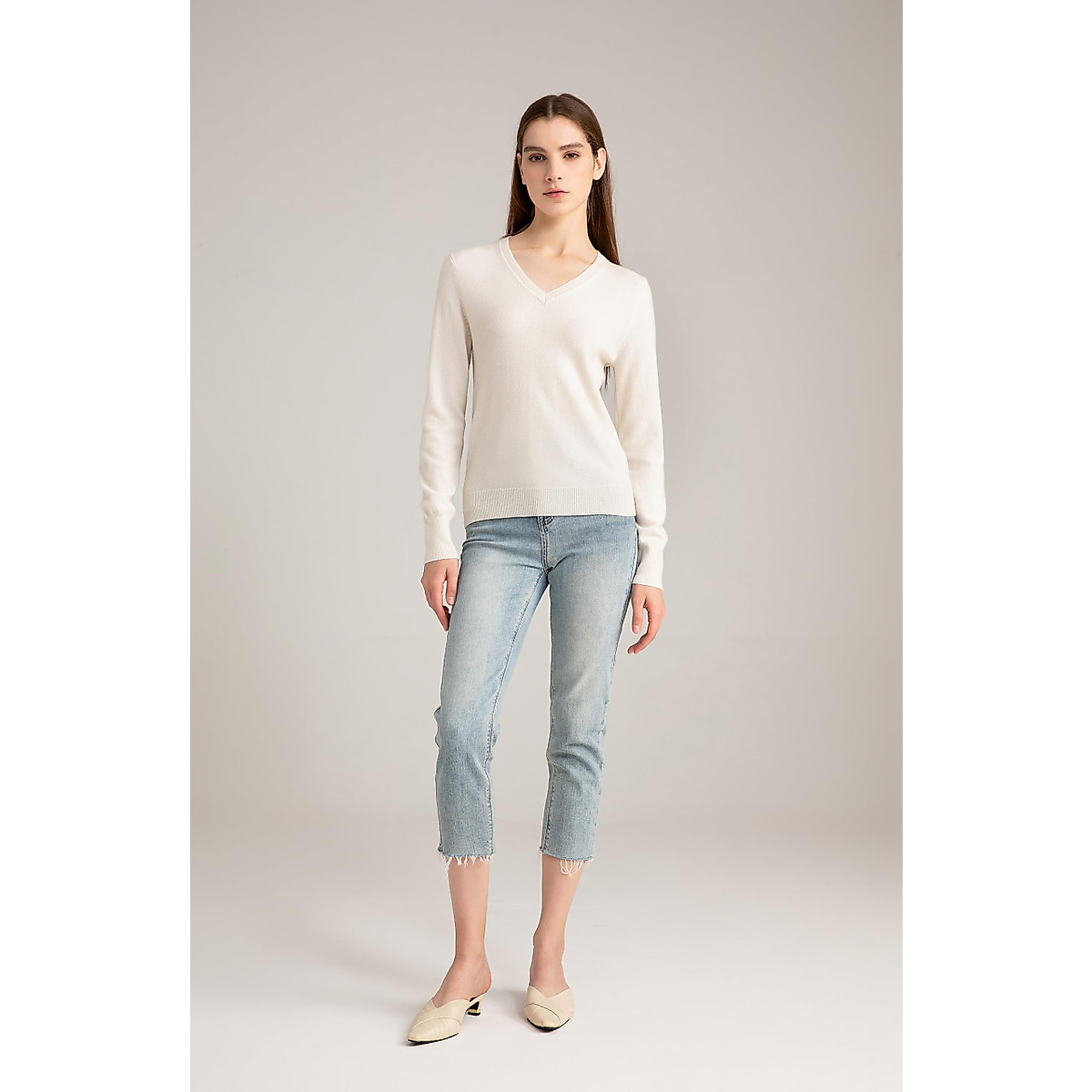 State Cashmere Women’s Essential V-Neck Sweater 100% Pure Cashmere Classic Long Sleeve Pullover (Undyed White, Large)