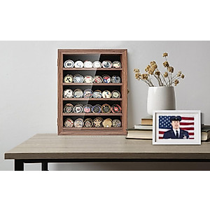 Military Challenge Coin Display Case Holder with HD Toughened Glass and Wall Mount, Wooden Coin Stand Rack with Removable 2 Grooves Shelves, Rustic Brown…