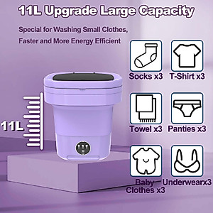 Portable Washing Machine, 11L Foldable Small Washer with Dryer for Baby Clothes, Collapsible Mini Washing Machine with Laundry for Underwears, Baby Clothes, Socks, Pet Garments, Small Items, Purple