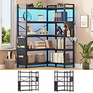 SEDETA 5 Tier Corner Bookshelf, Modern Corner Bookcase, Convertible Bookshelf with Storage Bag, Pegboard & LED Light, Tall Bookshelves for Bedroom, Living Room and Home Office, Black