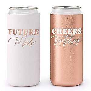 xo, Fetti Bachelorette Party Cheers and Future Mrs Slim Can Cooler - White + Rose Gold, 10 Ct | Drink Sleeve, Bridal Shower Can Holder, Engagement Party Decoration and Bride to Be Gift