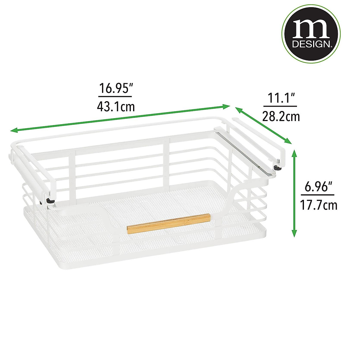 mDesign Metal Wire Wide Under Shelf Storage Baskets for Kitchen Pantry, Closet, Hanging Pull Out Shelving Bin, Sliding Hanger Rack for Bread, Canned Goods, Food, 2 Pack, Matte White/Natural