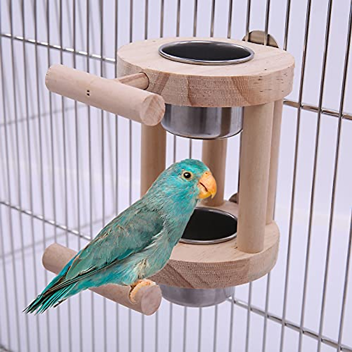Bird Feeding Cups with Wooden Perch Stand, Bird Cage Stainless Steel Food Water Feeder with Wooden Platform for Parrot Macaw African Greys Budgies Parakeet Cockatiels Conure Lovebirds Finch Pigeon