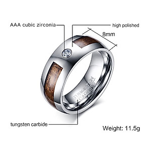 Epinki Wedding Rings Silver, 8MM Tungsten Ring with Wood Inlay White Round Cubic Zirconia Band Ring 2PCS Couple Rings Women Size 8 & Men Size 12