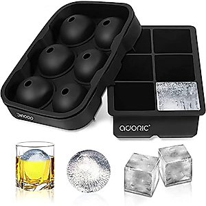 Ice Cube Tray, Large Square Ice Tray and Sphere Ice Ball Maker with Lid for Whiskey, Reusable and BPA Free (Silicone Ice Cube Molds Set of 2)