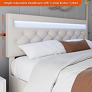 Keyluv King Size LED Bed Frame with 4 Storage Drawers, Velvet Upholstered Platform Bed with Adjustable Crystal Button Tufted Headboard and Solid Wooden Slats Support, No Box Spring Needed, Beige