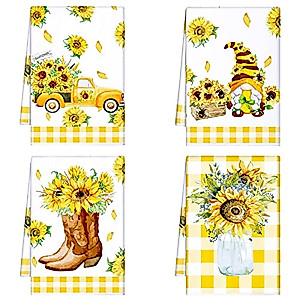 4 Pcs Kitchen Towels Sunflower Bee Dish Towels Decorative Absorbent Hand Polyester Towel with Hanging Loop for Kitchen Dishes Tea Towels for Home Housewarming Gifts Decor, 16 x 24'' (Yellow, Sweet)