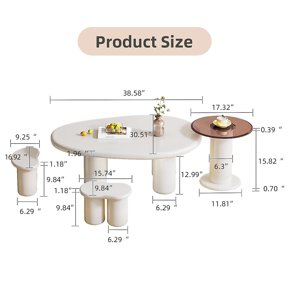 Guyii Nesting Coffee Table Set with 2 Stools, Combination Center Table with Irregular Coffee Table and Round Glass End Table, Modern Side Table for Living Room, Small Spaces, Easy to Assemble