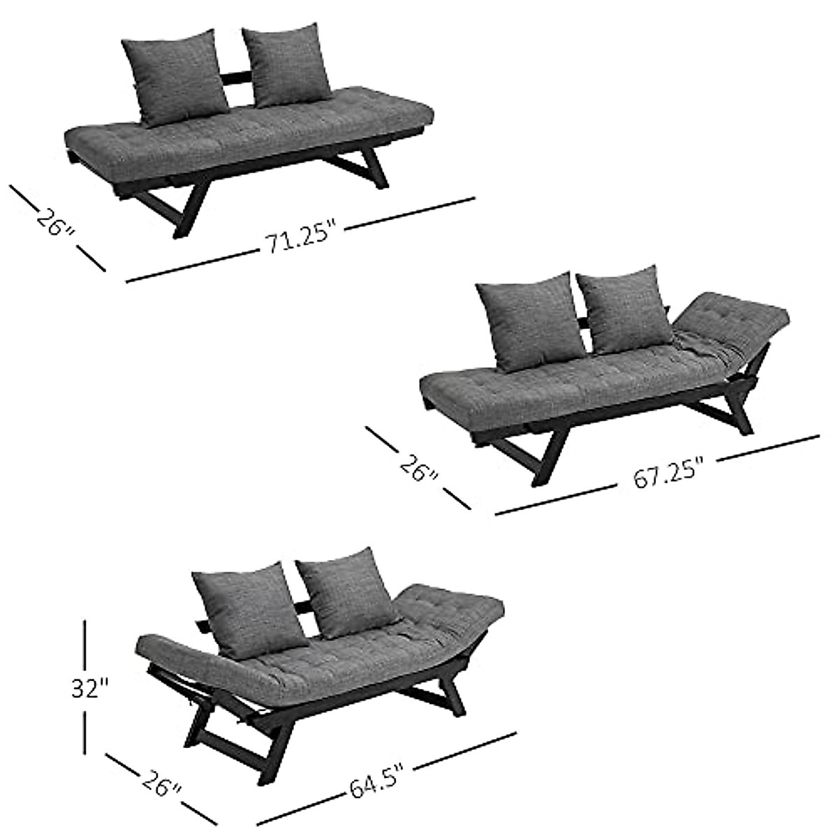 HOMCOM Single Person 3 Position Convertible Chaise Lounger Sofa Bed with 2 Large Pillows and Oak Frame, Dark Gray