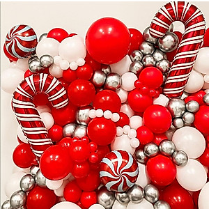 Bonropin Christmas Balloon Garland Arch Kit with Xmas Red and Gold Silver Balloons Candy Cane Balloons Gift Box Balloons Starburst Balloons for New Year Winter Christmas Party Decorations