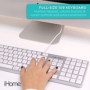 iHome Full Size Wired Keyboard - Compatible with Apple iOS or Windows - Sleek Mac and iMac Style Design - Desktop PC or Laptop