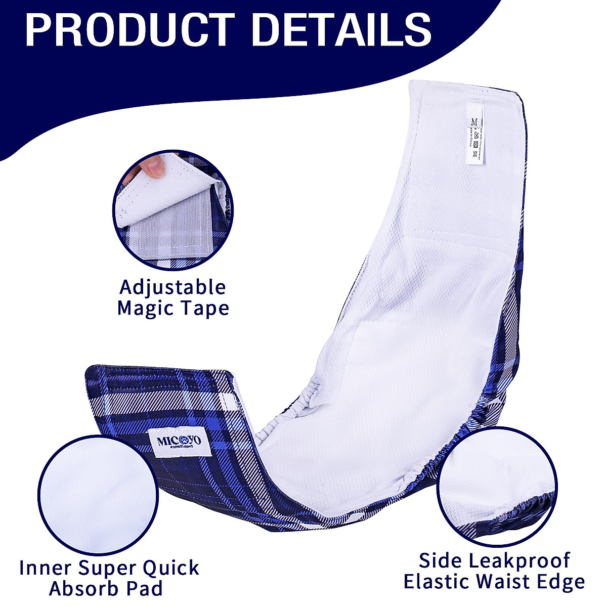 MICOOYO Washable Belly Bands for Male Dogs | Reusable Doggie Diapers | Absorbent Doggy Wraps with Adjustable Fastener - XSmall (Pack of 3, Plaid Red & Blue & Grey)