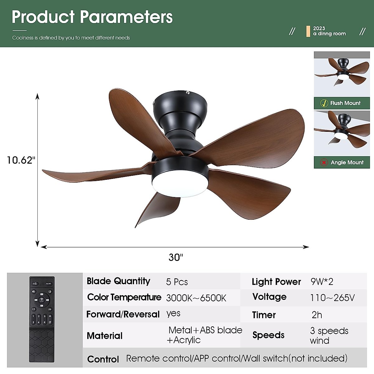 Kviflon Ceiling Fans with Lights and Remote/APP Control, 30 inch Low Profile Ceiling Fans with 5 Reversible Blades 3 Colors Dimmable 6 Speeds Ceiling Fan for Bedroom Dining Room, Wood Color