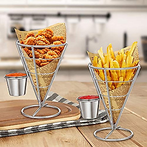 BESTonZON 2PCS French Fry Stand Cone Basket French Fry Chips Cone Metal Wire Basket with Sauce Dippers for Home Parties/Backyard Picnics/Outdoor Events/Appetizers