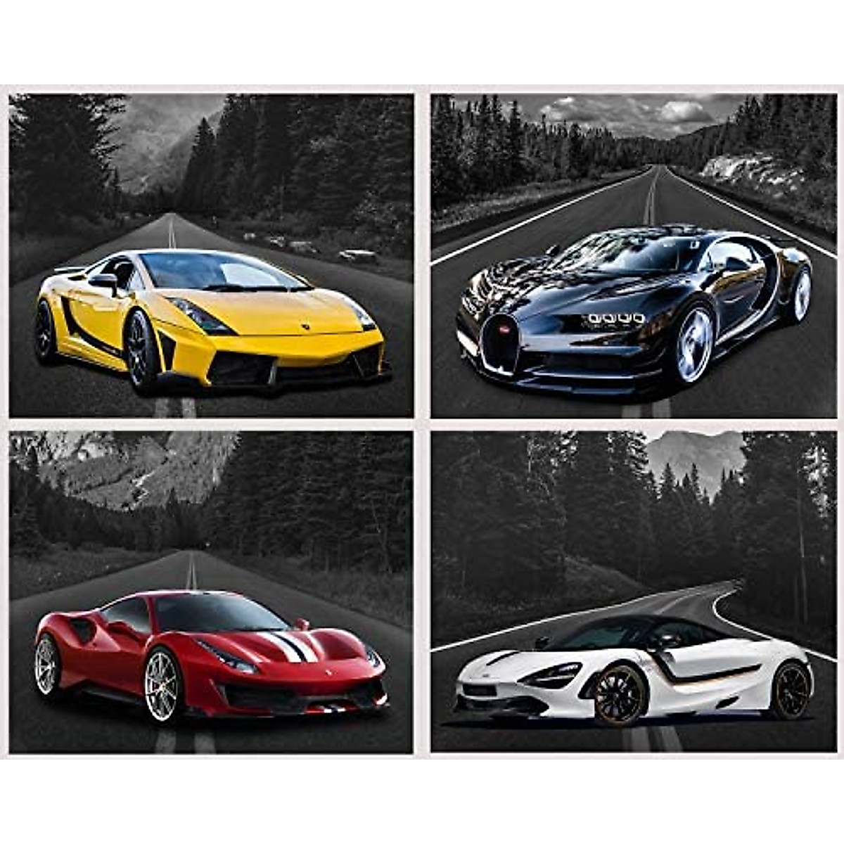 Car Poster Lamborghini Mclaren Ferrari Bugatti Sports Posters Car Wall Art Supercar Decor for Boys Room Bedroom Set of 4 Unframed (8x10 In) Black and White Highway Supercars Pictures