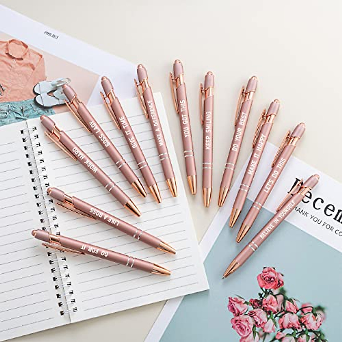 Fuhgkg 12 Pieces Rose Gold Inspirational Ballpoint Pens with Touch Screens Stylus Tip,Fine Point Smooth Writing Encouraging Motivation Pens for Women,Black Ink
