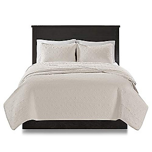 Madison Park Quebec Quilt Set - Luxurious Damask Stitching Design, Cotton Filled Lightweight Coverlet Bedspread Bedding, Shams, Full/Queen(90"x90"), Cream 3 Piece