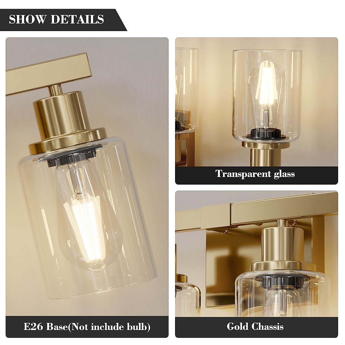 DIKAIDA Bathroom Vanity Light, 4-Light Modern Matte Gold Wall Sconce Lighting with Clear Glass Shade, Black Wall Lights,Bath Vintage Wall Mounted Lamps for Mirror Bedroom Living Room