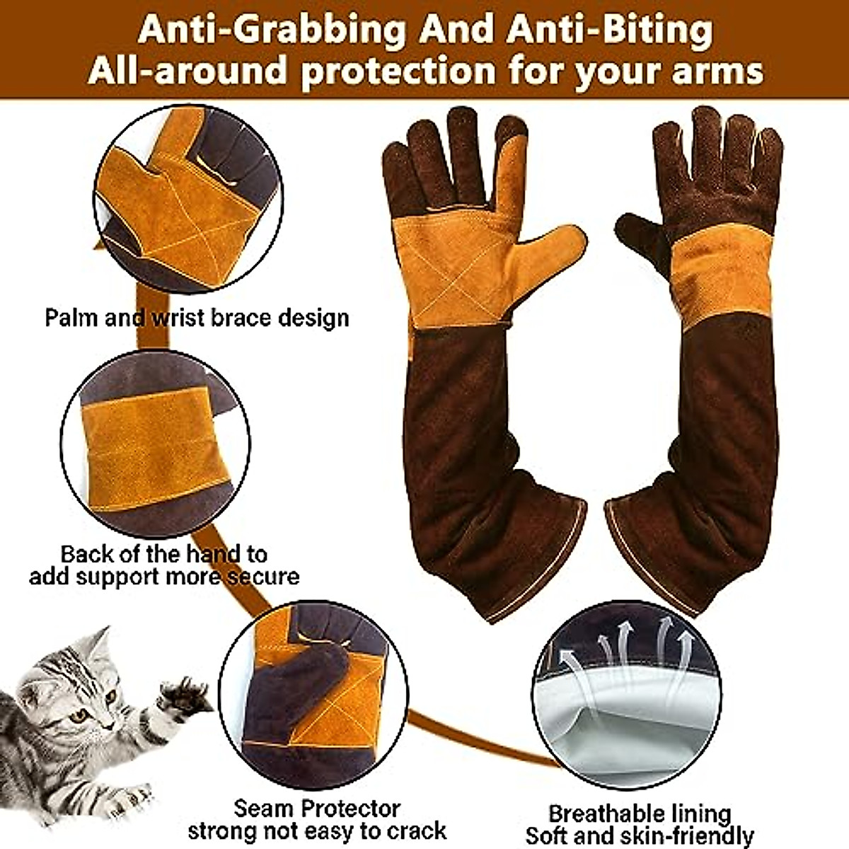 Animal Handling Gloves,Cat Bite Proof Gloves,Leather Welding Gloves For Men And Women,Multipurpose Dog Bite Gloves,Snake & Bird Handling Gloves For Cat Dog Bird Falcon Livestock Snake