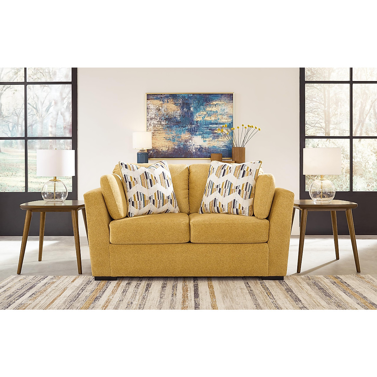 Signature Design by Ashley Keerwick Scandinavian Loveseat with 4 Toss Pillows, Yellow
