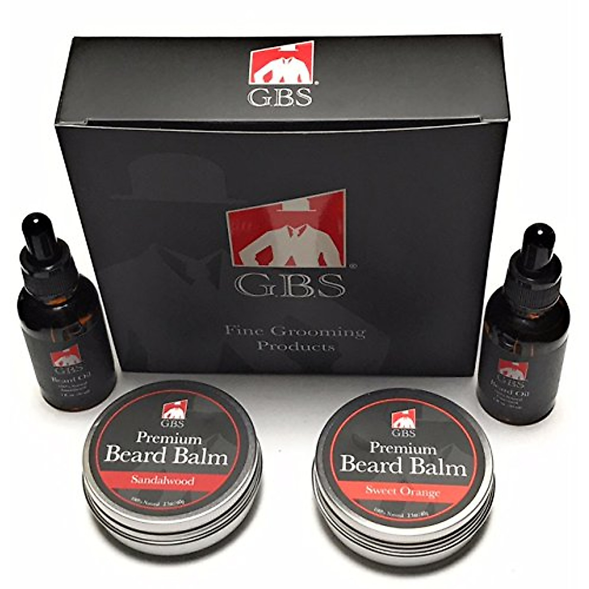 G.B.S Beard Taming Variety Set- 1 Sandalwood Beard Balm, 1 Sweet Orange Beard Balm, 1 Sandalwood Beard Oil and 1 Unscented Beard Oil, Pack of 4