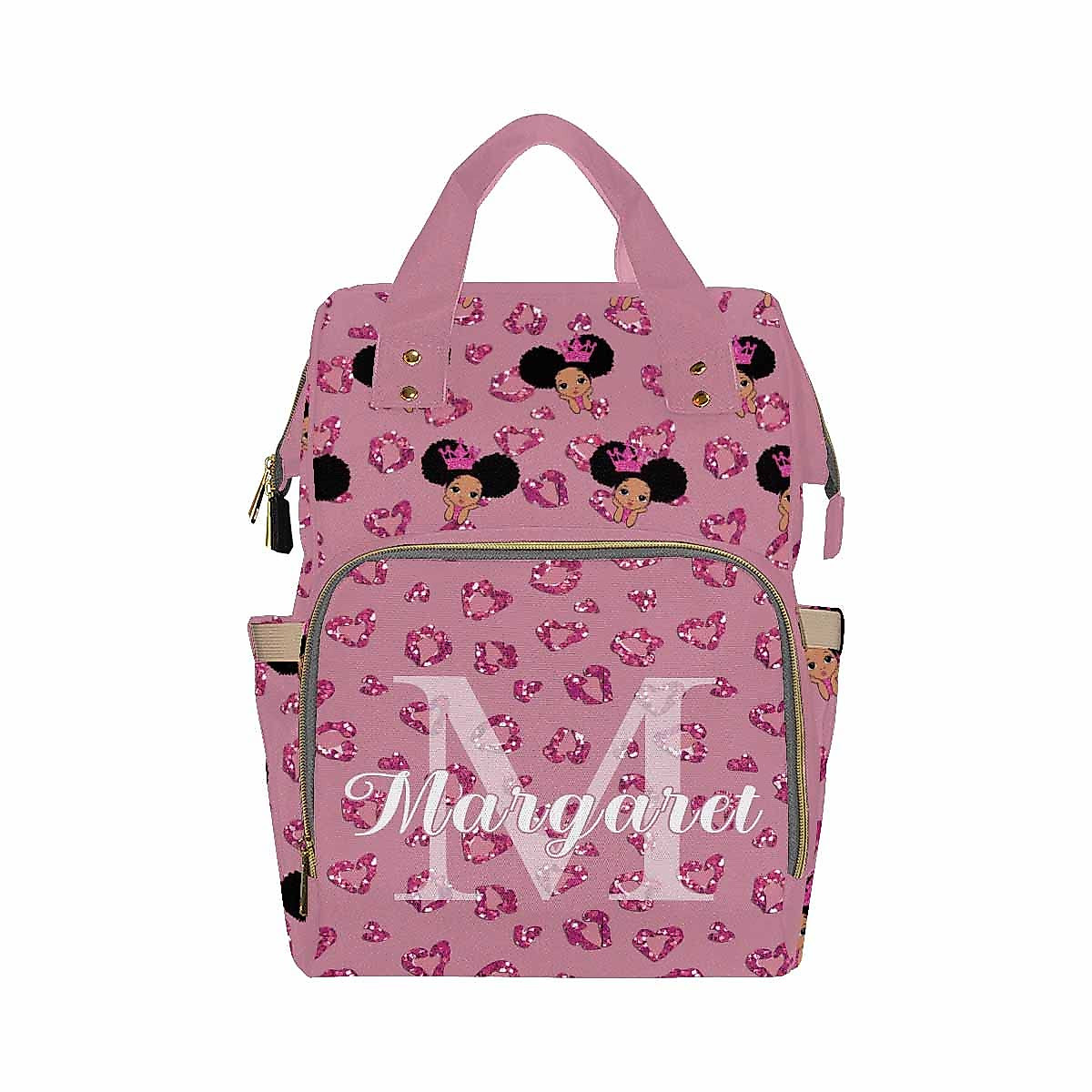 Artsadd Personalized Name Large Capacity Diaper Bags, Peekaboo Princess Heart Glitter Daypack Custom Name Backpack Casual Daypack Bag Nappy Bag Gifts for Daughter Granddaughter