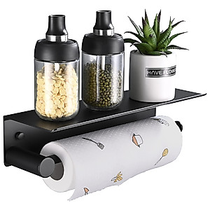 Hoomtaook Paper Towel Holder Wall Mount for Kitchen, Self-Adhesive Paper Towel Roll Holder with Shelf Under Cabinet Paper Towel Holder for Kitchen,Bathroom,Both Available in Adhesive and Screws -Black