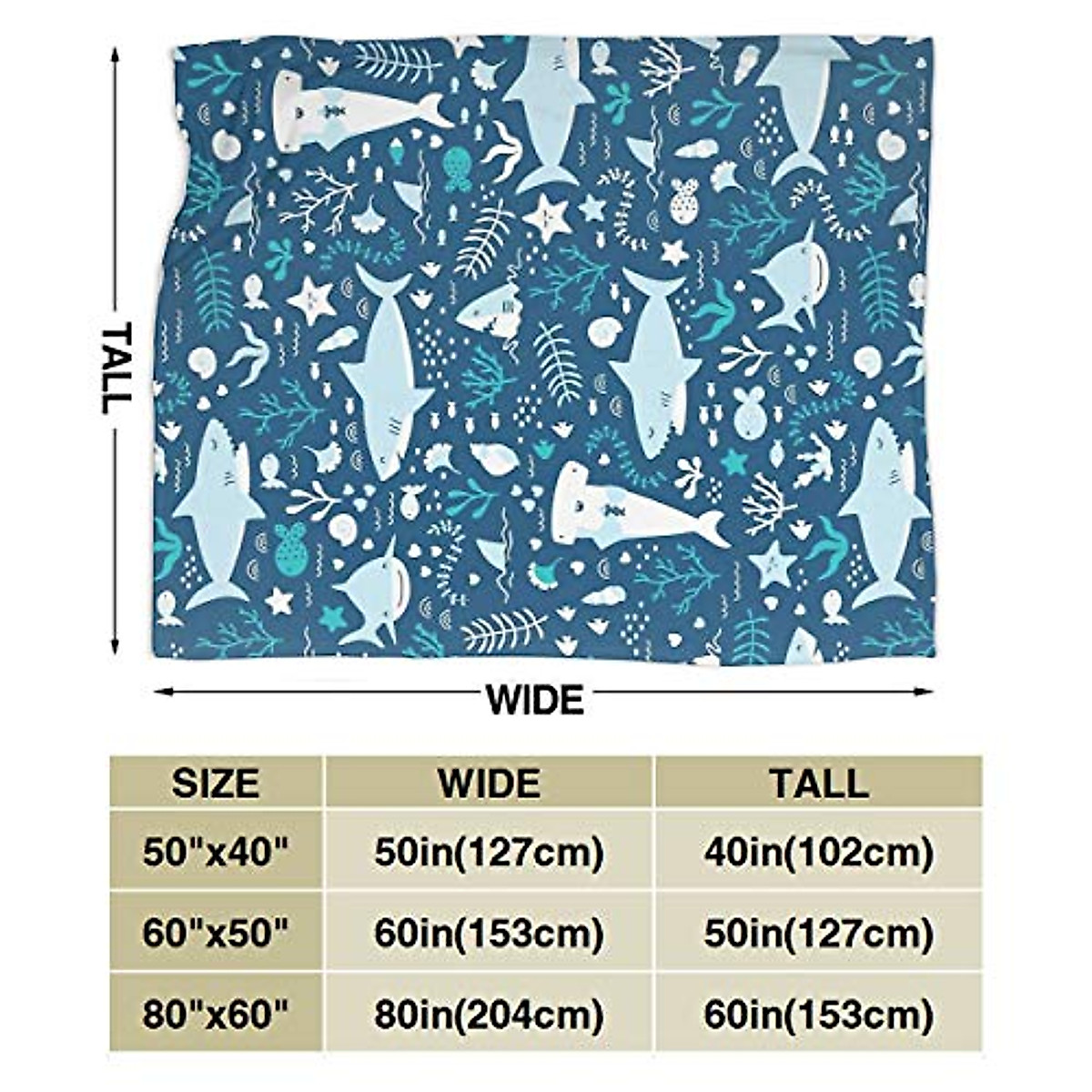 MSGUIDE Cartoon Blue Sharks with Sealifethrow Soft Flannel Fleece Throw Blanket，Lightweight Warm Microfiber Plush Couch Sofa Bed Blanket for Adults Kids(50"x40")