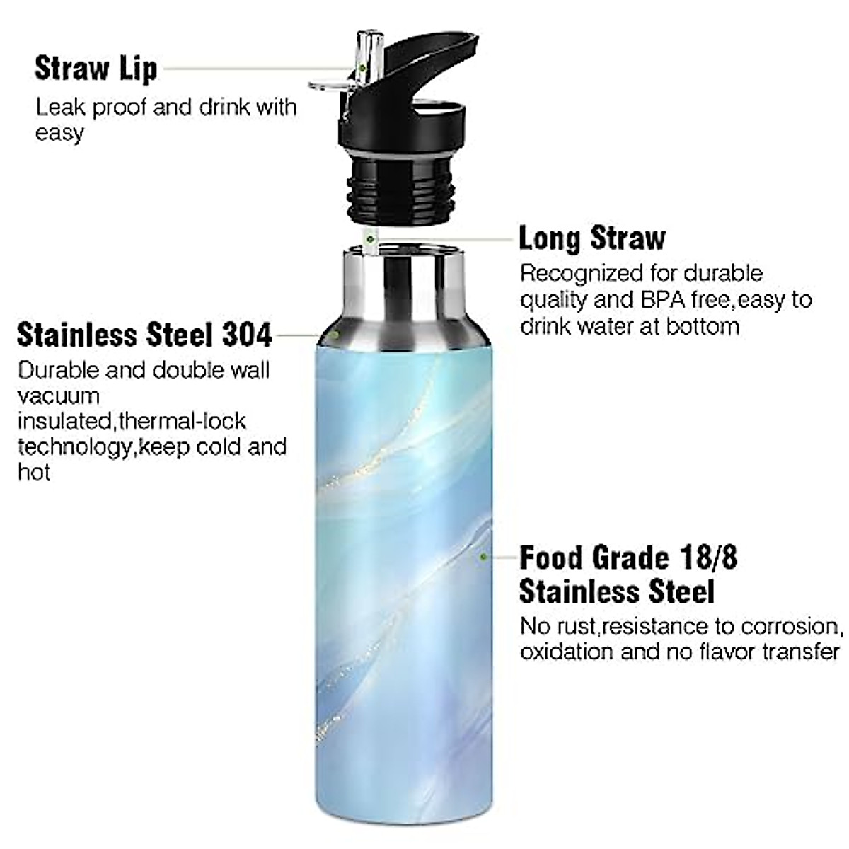 Kigai Blue Gold Marble Stainless Steel Sports Water Bottle BPA-Free Vacuum Insulated Leakproof Wide Mouth Flask with Straw Lid Keeps Liquids Cold or Hot for Gym Travel Camping