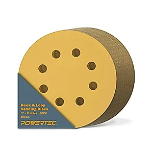 POWERTEC 44012G-50 5 Inch 8 Hole Hook and Loop Sanding Discs, 120 Grit, 50 PK, Sandpaper for Ramdom Orbital Sanders, Air Sander, Pneumatic Sander, Auto Body Shop