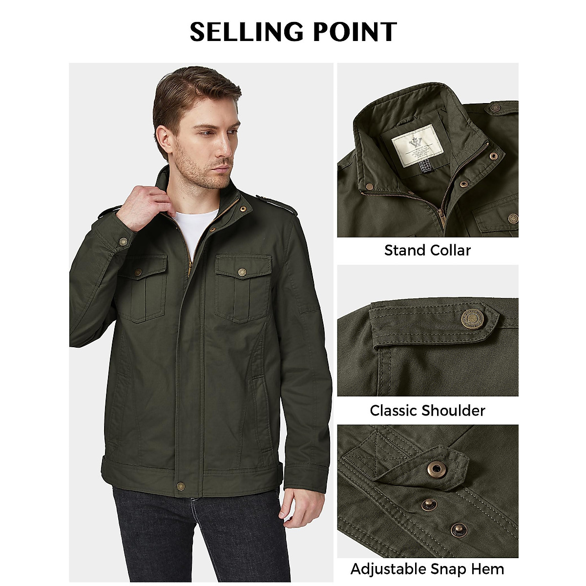 WenVen Men's Military Casual Cotton Jacket Outwear (Army Green, X-Large)