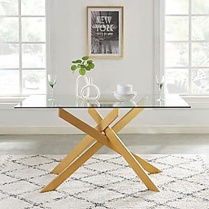 Edwin's Choice 58.5” Rectangle Glass Dining Table, Tempered Glass Table Top and Metal Tubular Legs, Modern Style Table for Home, Kitchen, Dining Room 58.5”Lx29”Wx30”H, Gold (Table Only)