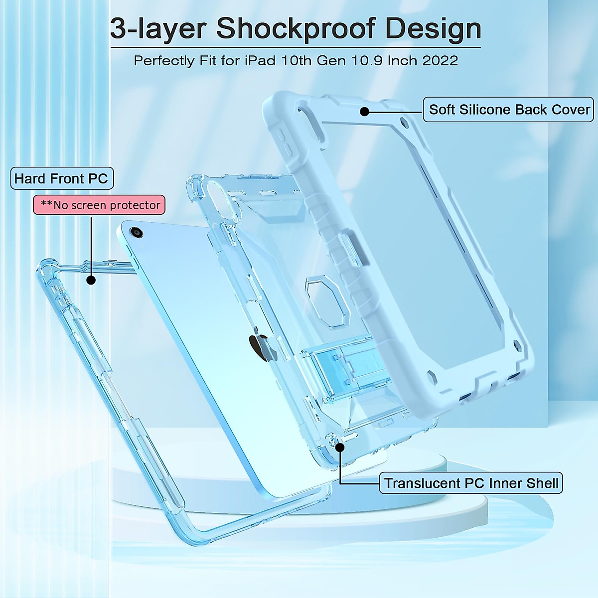 TIMISM Case for iPad 10th Generation Case 10.9 Inch 2022 with Shoulder Strap, Translucent PC Back Sturdy Heavy Duty Full-Body Shockproof Protective Case with Pencil Holder and Kickstand, Black+Green