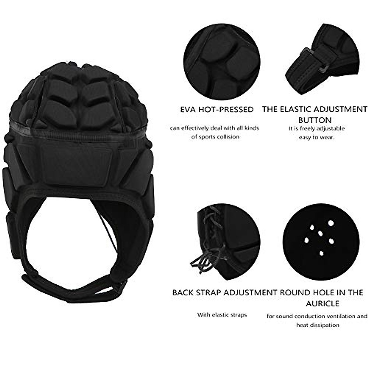 Goalkeeper Helmet, Prevent Injury Sports Head Protector Round Hole Elastic Button EVA Adjustable Strap for Outdoor Use(Black s)