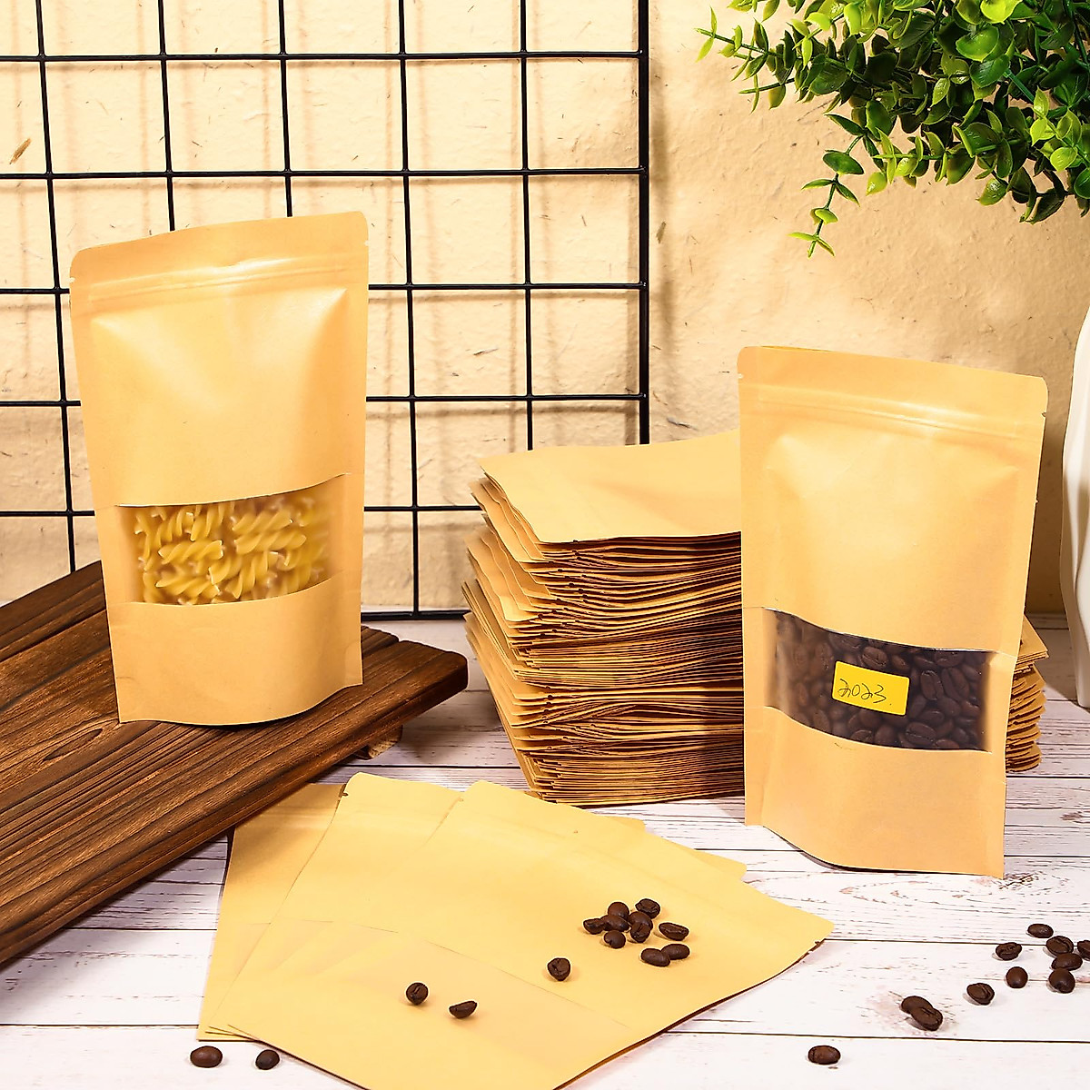 Ctosree 300 Pcs Kraft Pouch with Window Bulk Kraft Stand up Zipper Pouch 5 x 8 Inch Stand up Kraft Bags Kraft Zipper Pouch for Food Storage Reusable Heat Sealable Bag for Small Business Packaging Home