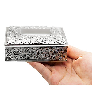 Hsiwto Small Rectangle Vintage Metal Jewelry Box Trinket Gift Chest Ring Case for Girls Ladies Women, Silver
