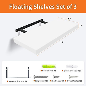 Upassion White Floating Shelves for Wall Set of 3, 16" White Wall Shelves for Home Decor, Frame Display Wall Mounted White Floating Shelf for Living Room, Bedroom, Bathroom, Kitchen