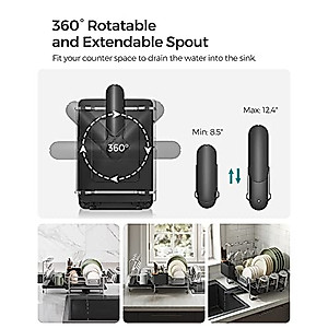 SONGMICS Dish Drying Rack, Rustproof Aluminum Dish Drainer with 21.1-28.2 Inches Expandable Drainboard, Rotatable Spout, for Kitchen Counter, Glass and Cup Holders, Silver and Black UKCS031E01