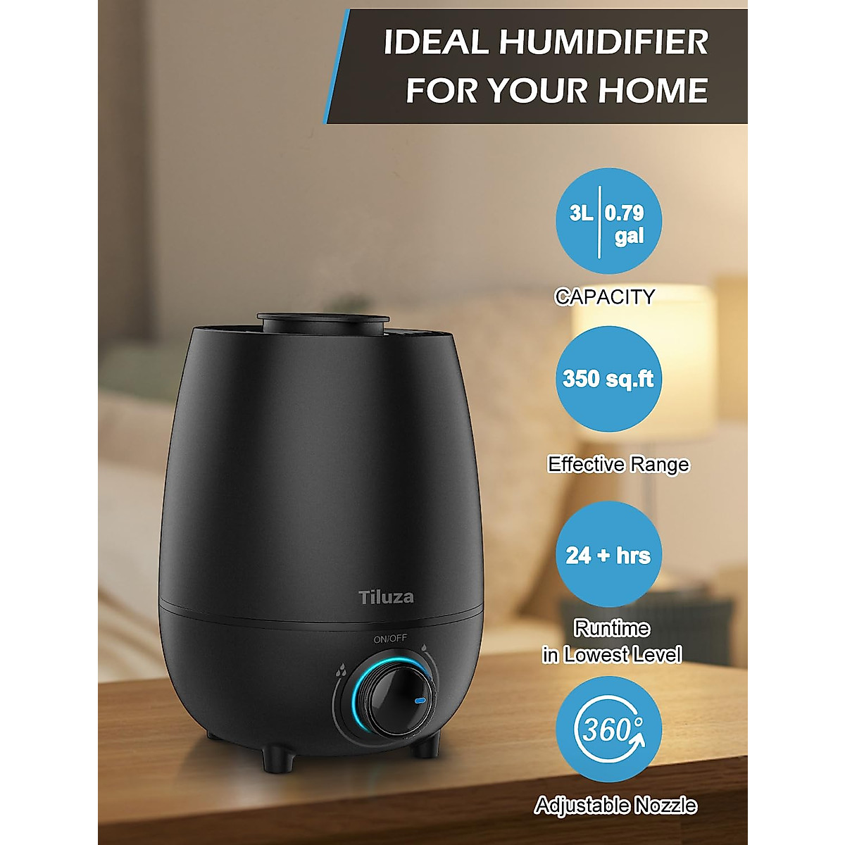 Humidifiers for Bedroom, Tiluza 3L Cool Mist Humidifier for Home Plant and Baby Nursery, Top Fill Quiet Ultrasonic Air Humidifier with 360° Nozzle, Auto Shut-Off, Filterless