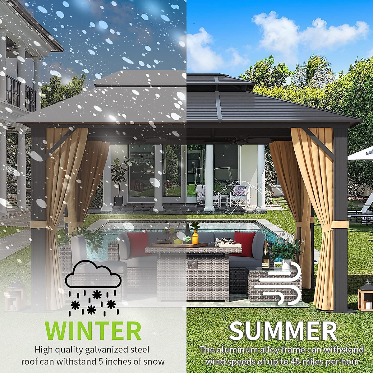 Aoxun 10'x12' Hardtop Gazebo, Outdoor Galvanized Double Roof Gazebo with Aluminum Frame Permanent Pavilion and Curtains & Netting for Backyard, Patio, Deck, Parties (Brown)