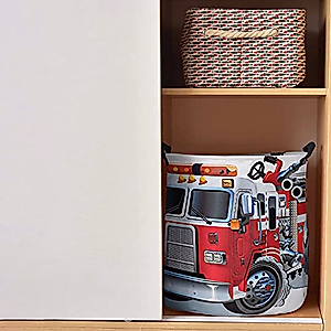 Fire Truck Round Laundry Hamper with Handles Cartoon Fire Truck Pattern Red Cool Oxford Fabric Dirty Clothes Hamper Collapsible Storage Basket/Toy Organizer for College Dorms Boys and Girls