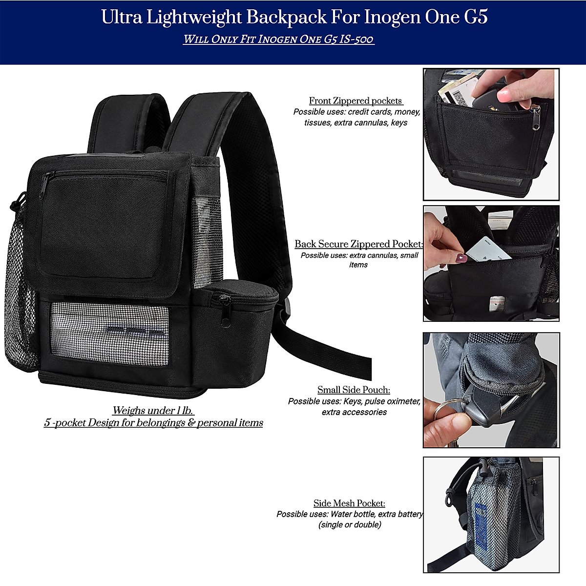 O2TOTES USA Lightweight Carrier for Inogen One G5 Oxygen Concentrator, Portable Oxygen Backpack with Adjustable Straps & Zippered Pockets (Black) Patented Design, New heavy duty zippered bottom