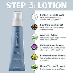 Clearogen Hormonal Acne Solution Natural Anti-DHT Ingredients Deluxe Set Original Formula Benzoyl Peroxide 2 Month Supply 3 Piece Set