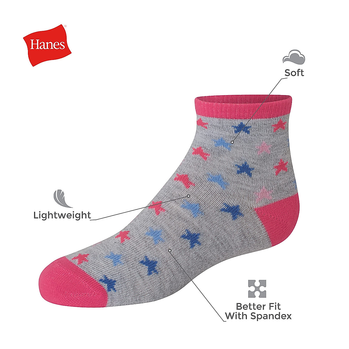 Hanes Girls' Big, Ankle and No Show Fashion, Soft Socks, 12-Pack, Ankle-Grey/Blue/Pink/Lavender-12 Pack, Medium