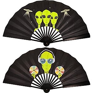 Taiyin 2 Pcs 13 Inch Large Alien Hand Fan Rave Festival Accessories Alien Folding Fans for Men Women Party Dance Performance Festival Party Gift