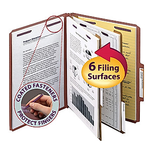 Smead Pressboard Classification File Folder with SafeSHIELD Fasteners, 2 Dividers, 2" Expansion, Letter Size, Red, 10 per Box (14075)