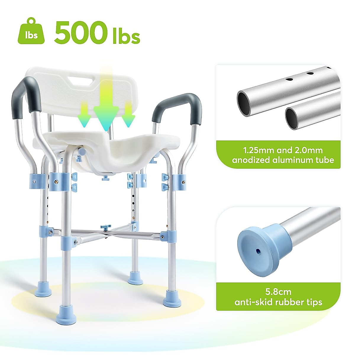 OasisSpace Shower Chair with Armrests and Back 500lbs, Non-Slip Bath Support Recovery Chair and Upgraded U-Shaped Shower Seat for Elderly,Handicap,Disabled,Seniors& Pregnant, Cutout for Easy Cleaning