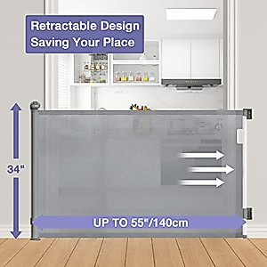 Retractable Baby Gates Extra Wide Grey, PRObebi Retractable Dog Gate Extends to 55" Wide 34" Tall, Dog Gates for The House, Mesh Baby Gate for Staris, Hallways, Doorways, Outdoor & Indoor (Grey)