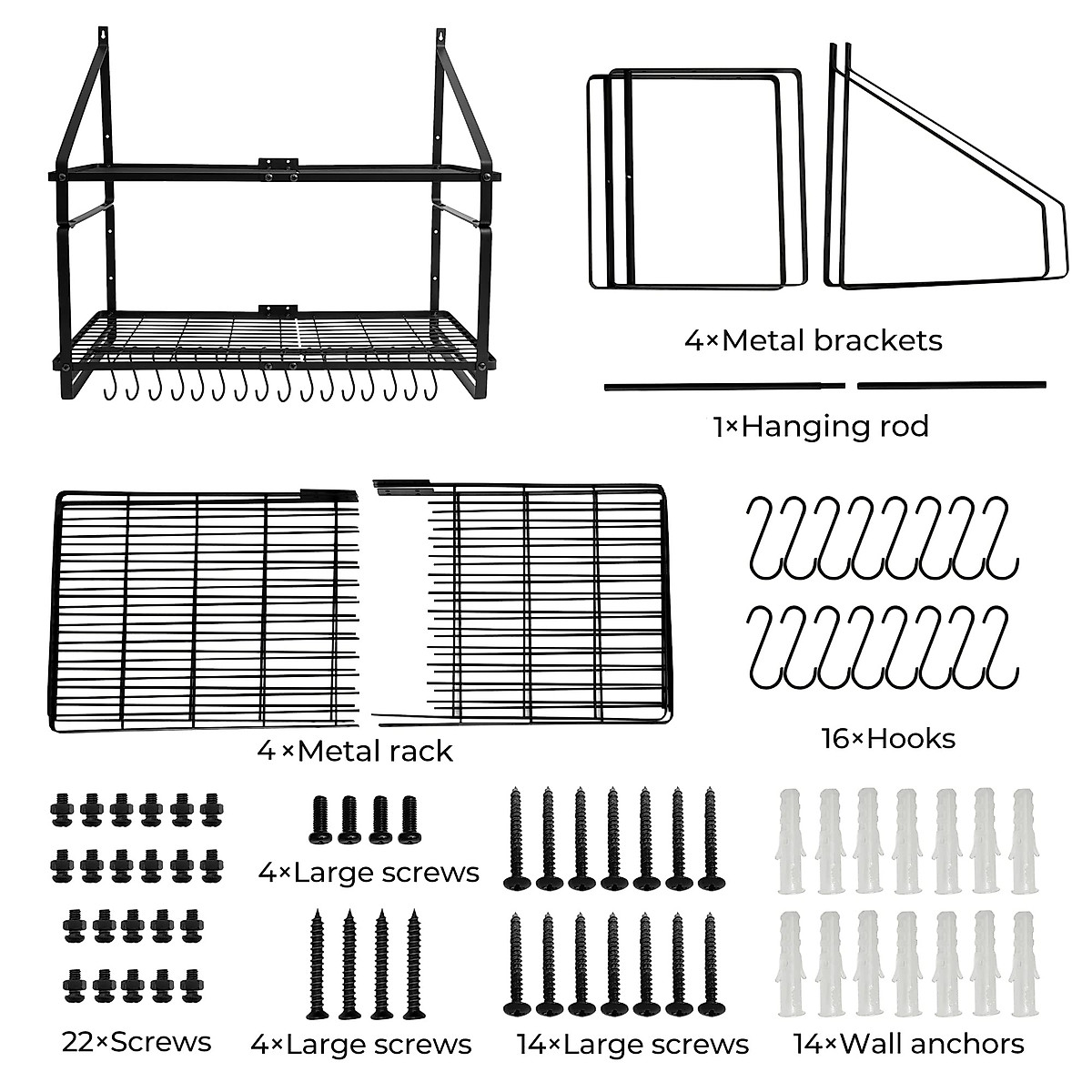 JS HANGER Pot Rack Wall Mounted, 2 Tier Pot and Pan Hanging Rack Organizer Wall Shelves with 16 Hooks for Kitchen Cookware Utensils Organization Black